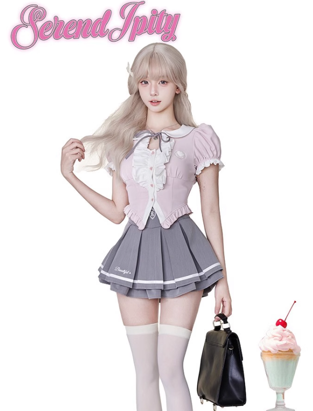Round Collar Ruffle Girly Blouse & College Style Pleated Skirt SER0026 – Young Social Club.