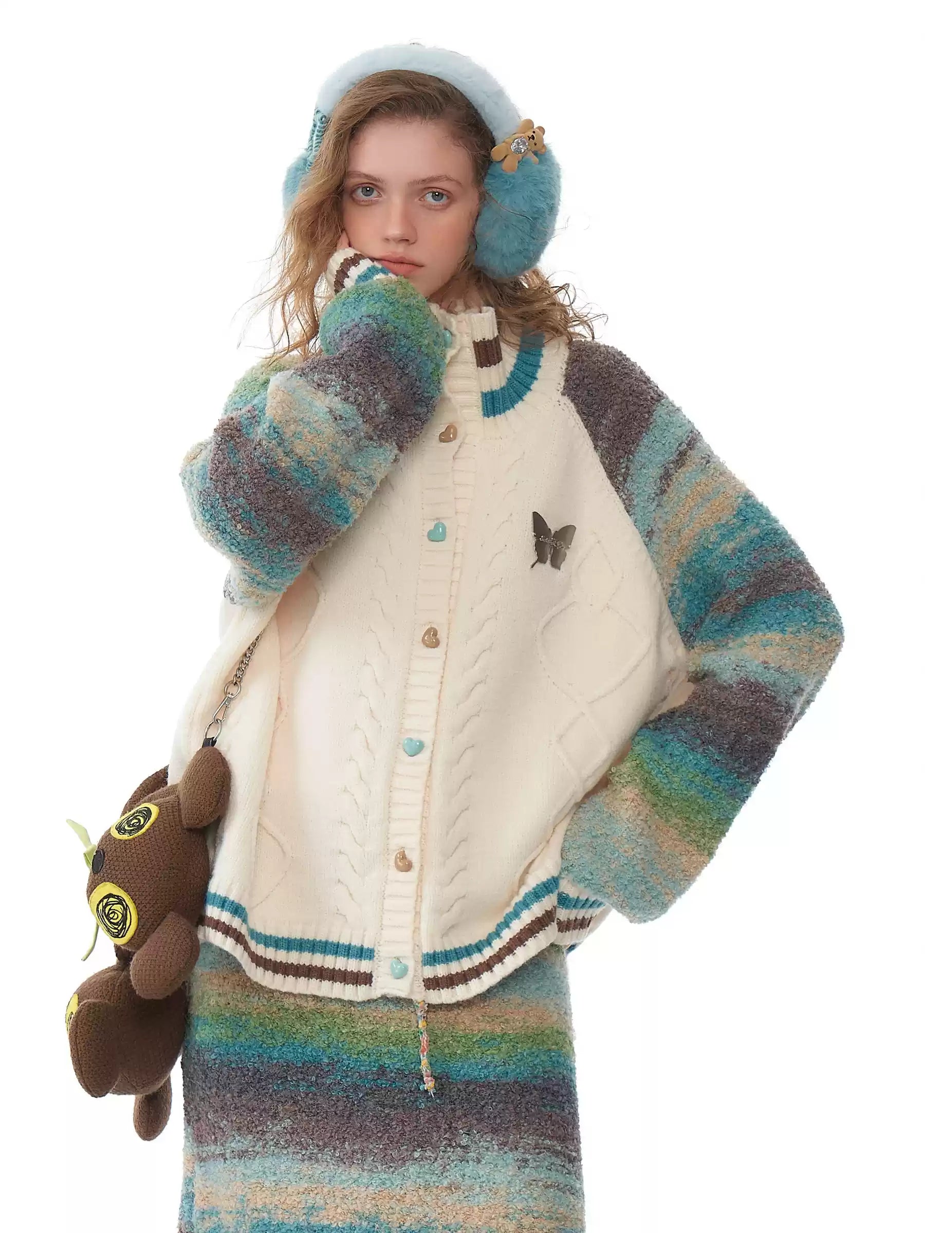 Striped Sleeve High Neck Cable Knit Casual Cardigan ZIZ0208 – Young Social Club.