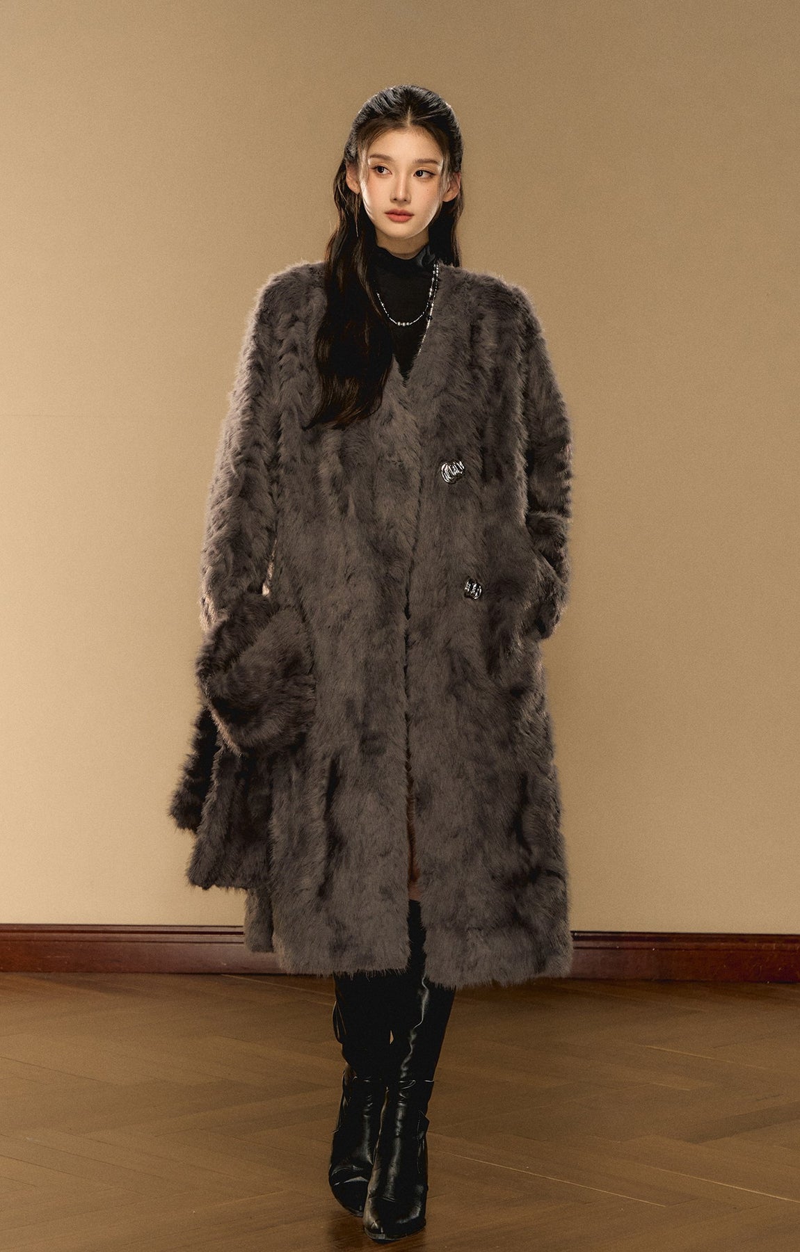 Detachable Scarf Warm Long Fur Coat OSH0229 – Young Social Club.