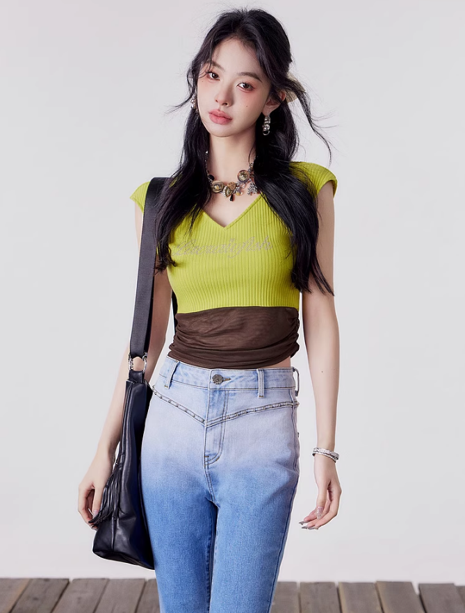 Mesh Panels Contrast Shirred Backless V-neck Knit LAC0155 – Young ...