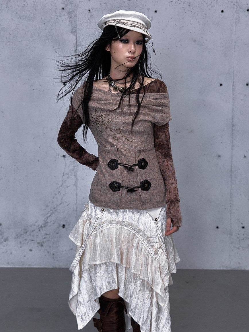 Retro Faux Two-Piece Patchwork Rhinestone T-shirt NOR0226 – Young ...