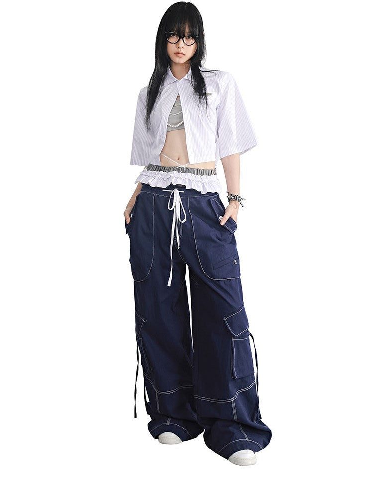 Blue Drawstring Split Pocket Structure Loose Workwear Casual Pants ANY ...