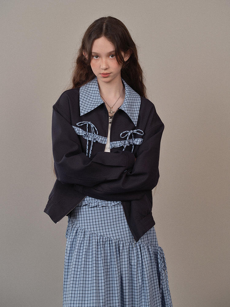 Checkered collar ribbon design gathered hem jacket YOO0074 – Young ...