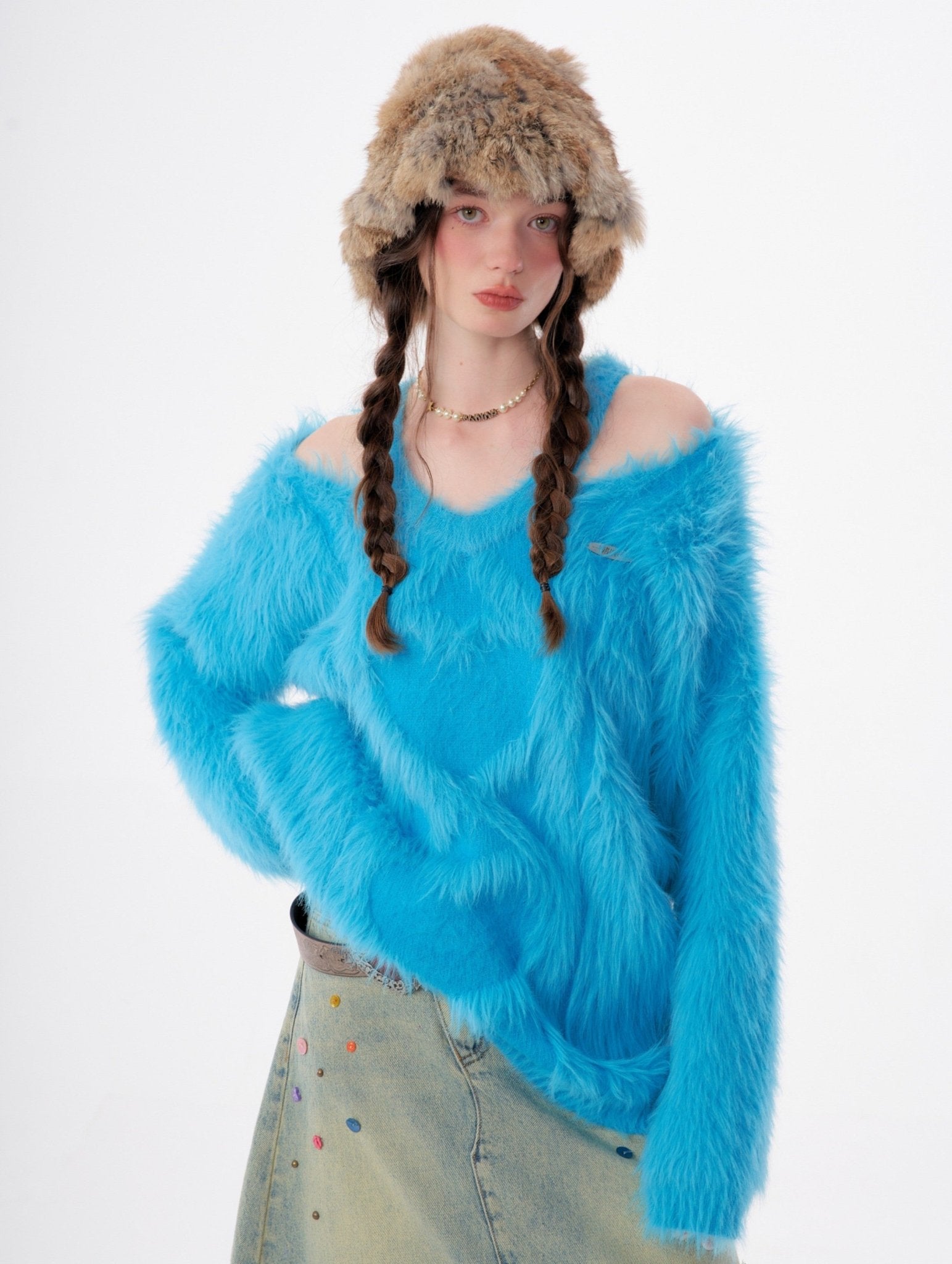 American Retro Love Tassel Fluffy Halter Neck Off-shoulder V-neck Swea ...